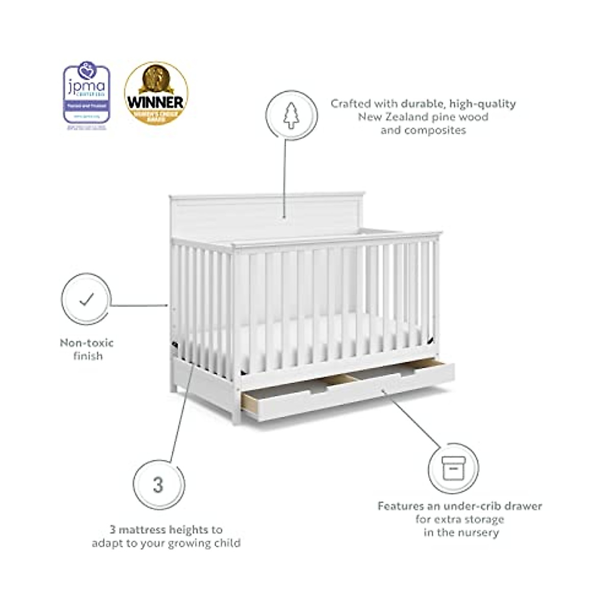 STORKCRAFT Homestead 5-in-1 Convertible Crib with Drawer (White) – GREENGUARD Gold Certified, Crib with Drawer Combo, Includes Nursery Storage Drawer, Converts to Toddler Bed and Full-Size Bed