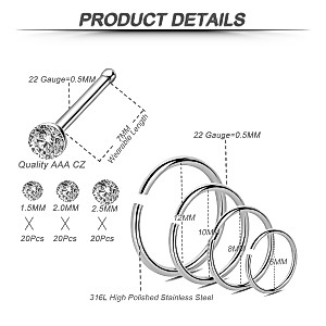 YOVORO 22G 72PCS 316L Stainless Steel Nose Studs Rings Cartilage Hoop Ear Piercing Body Jewelry 1.5MM 2MM 2.5MM W