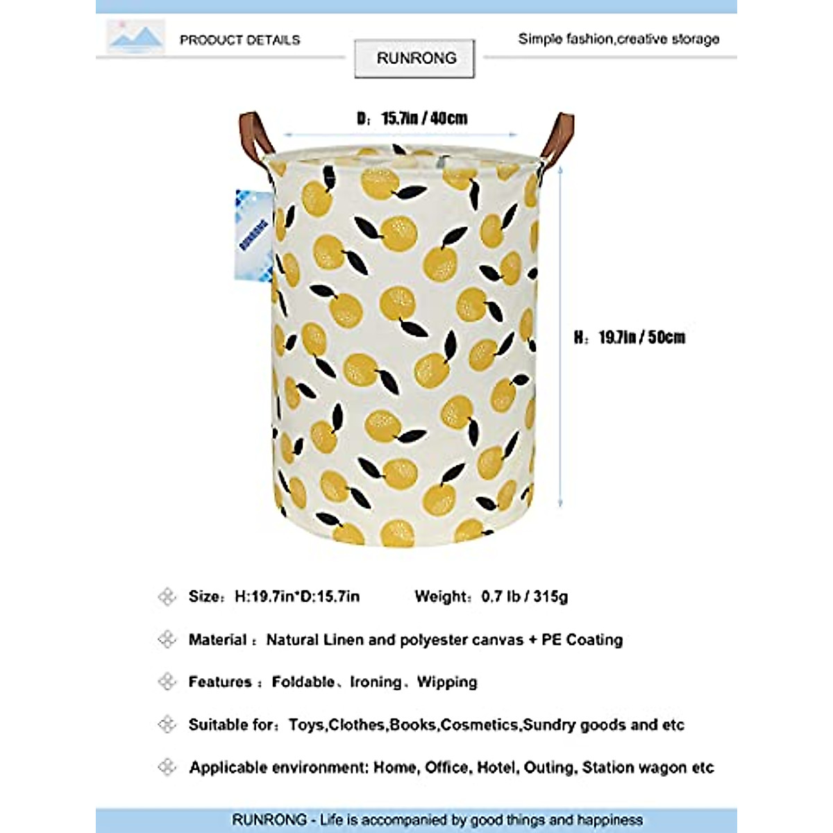 RUNRONG Large Size Round Storage Basket Foldable Waterproof Canvas Laundry Hamper with Handles Nursery Organizer for Bedroom /Living Room/Bathroom(RUN Round Orange)