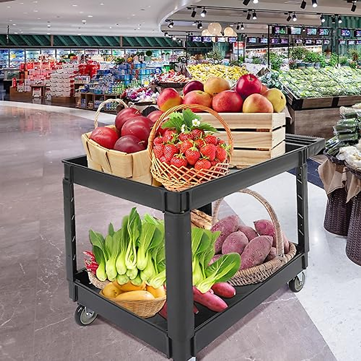 Large Utility Cart | Heavy Duty Cart Holds up to 500 lbs | 2-Shelf Rolling Cart | Service Cart for Warehouse, Garage, Shop, School & Office (45.67" x 25" / Black) - w 360° Flexibility Wheels