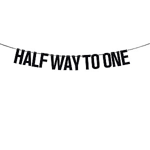 Black Glitter Half Way to One Banner for Baby's 6 Months Birthday Party Decorations, Baby Shower Birthday Party Favor Supplies