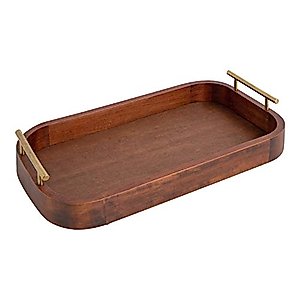 Kate and Laurel Lipton Mid-Century Rectangle Wood Tray, 10" x 18, Walnut Brown and Gold, Decorative Accent with Rounded Edges