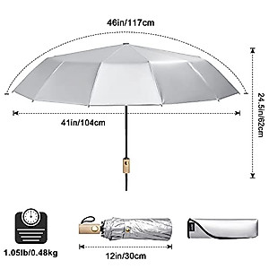 G4Free 46 Inch UPF 50+ UV Protection Large Travel Umbrella with Wooden Handle, 15 Fibreglass Ribs Super Windproof Sun Blocking Folding Umbrella Auto Open Close (Lake Blue)