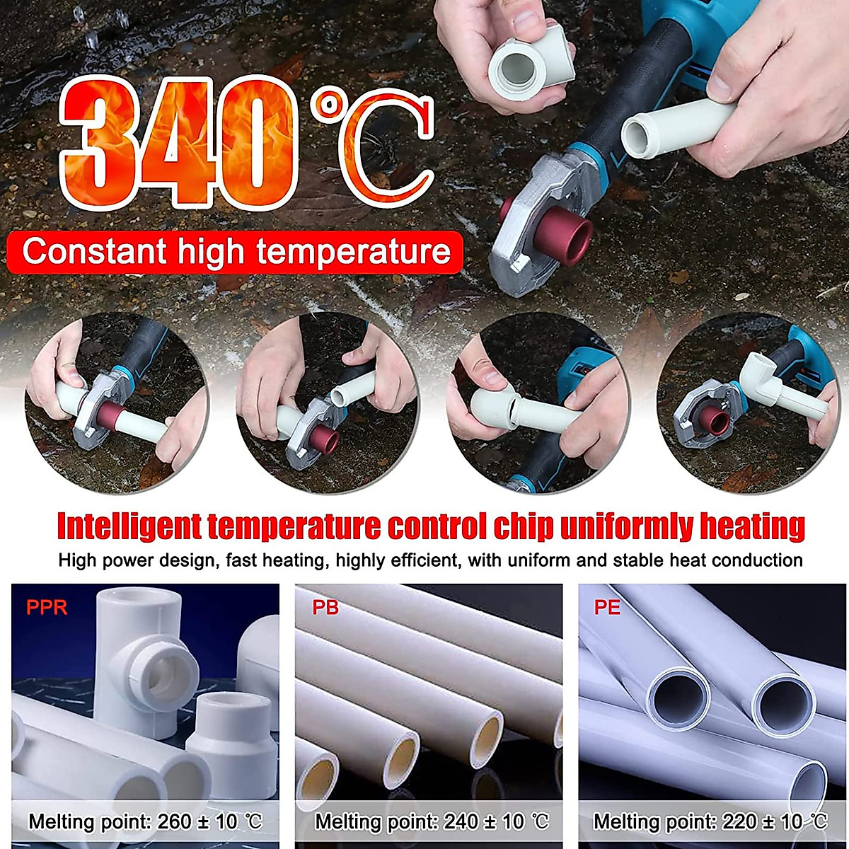 Plastic Water Pipe Welder, Cordless Handheld Socket Fusions Welder Kit, Rechargeable PPR Pipe Welding Machine with 6 Die Heads for PPR PE PB HDPE Pipe (340℃ Constant Temperature)