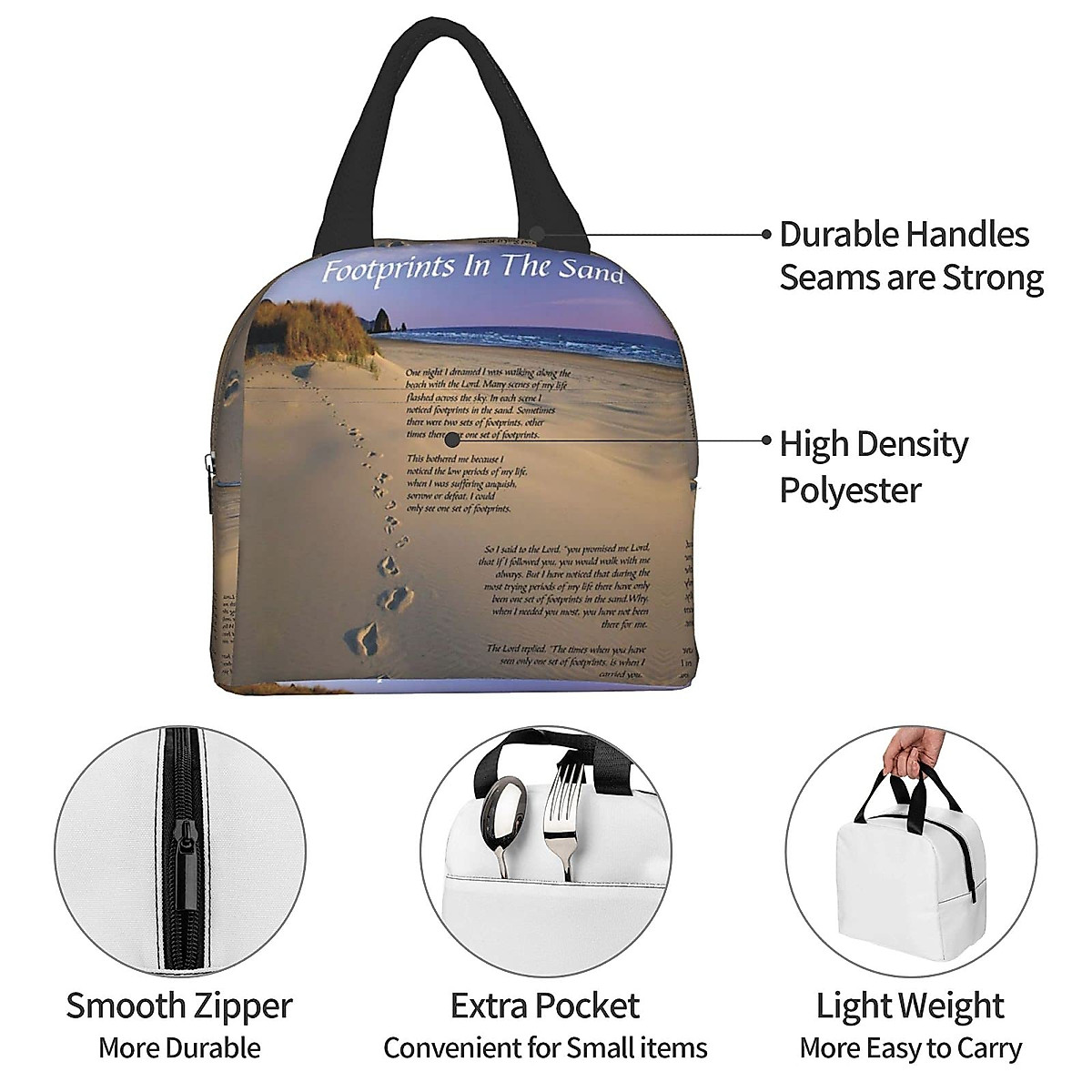 Footprints In The Sand Inspirational Poster Tote Bag Insulated Lunch Box Water-resistant Thermal Liner Lunch Bags for Picnic/Boating/Beach/Fishing/Work
