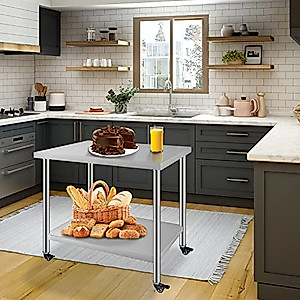 HXCFYP Stainless Steel Table for Prep & Work with Caster 24x24 Inches, NSF Metal Commercial Kitchen Table with Under Shelf and AdjustableTable Foot for Restaurant, Home and Hotel