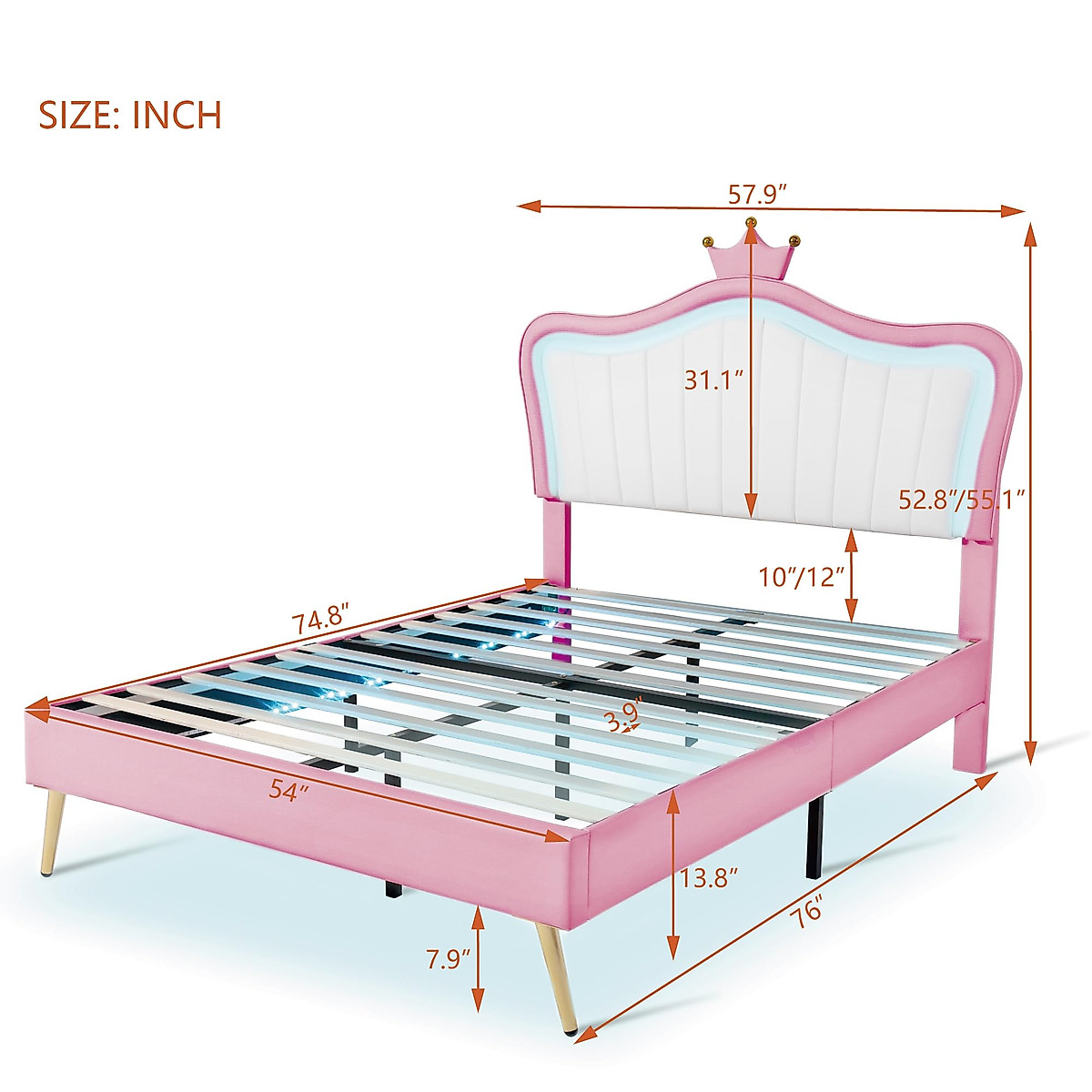 Harper & Bright Designs Full Size Princess Bed with Crown Headboard and LED Lights, PU Upholstered Full Platform Bed with Adjustable Headboard, Kids Full Size Bed Frame for Boys Girls (White+Pink)