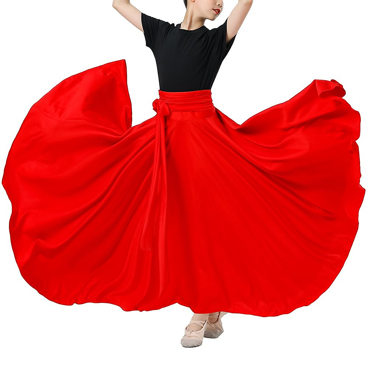 Girls Full Circle Skirt for Spanish Flamenco Dance Gypsy Mexico Performance Dancewear Red