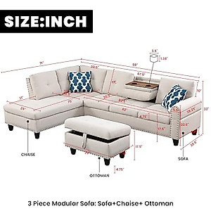 98" W Linen Sectional Sofa Upholstered Modular Couch with Cup Holder, 29" W Ottoman, 3 Combo Piece Living Room Furniture Set for 2 Toss Pillows and Rounded Arm, L-Shaped Button Nailhead Trim, Beige