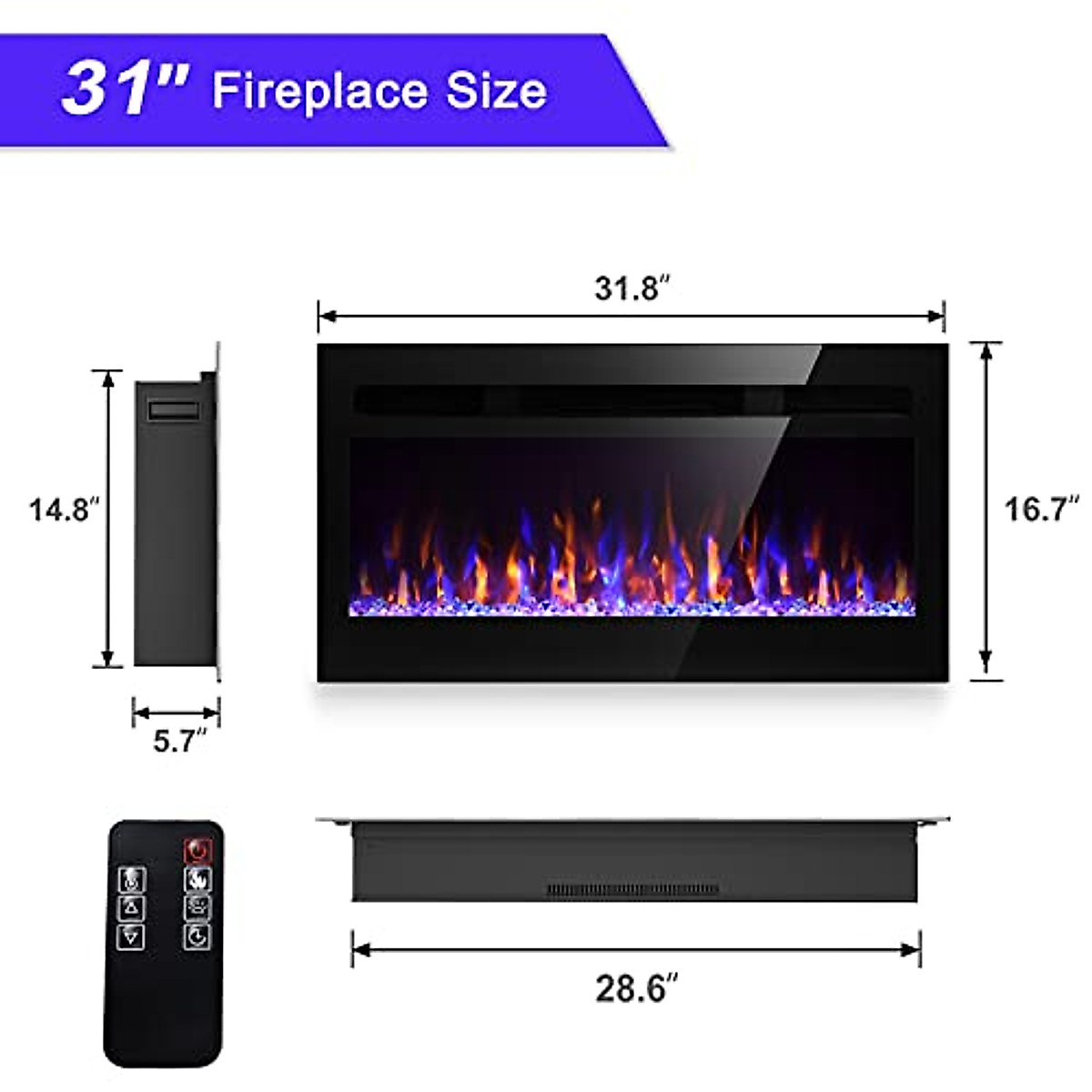 31 inch Electric Fireplace, Recessed and Wall Mounted Fireplace, Electric Fireplace Inserts with 750W/1500W Heater, Remote Control Timer, Adjustable 144 Color Combinations
