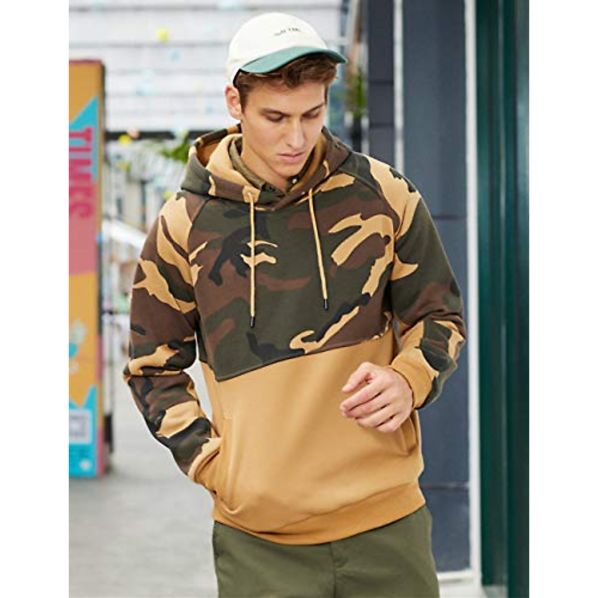 DUOFIER Mens Autumn Long Sleeve Camo Hoodies Sweatshirt with Pockets, Camo Khaki-S