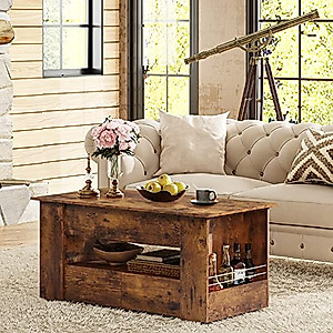 WLIVE Lift Top Coffee Table with Storage,Small Coffee Table with Drawers for Living Room,Hidden Compartment and Open Shelf,Central Table for Reception Room,Rustic Brown