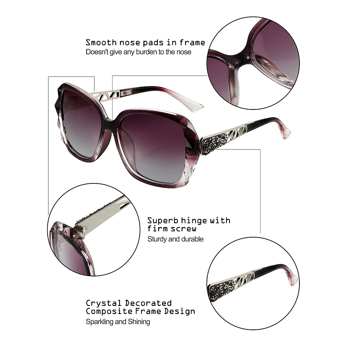 Frienda 3 Pieces Women Polarized Oversized Sunglasses Shiny Composite Frame Sunglasses Vintage Rhinestone Glasses