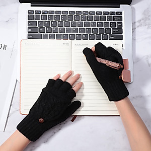 Tarpop 4 Pairs Winter Convertible Gloves Fingerless Mittens Knit Flip Wool Gloves Warm Half Finger Women Gloves with Cover (Black, Gray, Brown, Khaki)