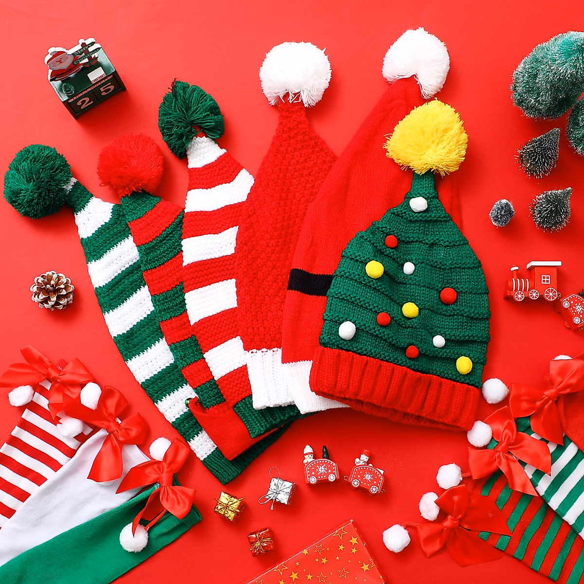 Liitrsh 12 Pcs Christmas Knitted Hat Long Striped Socks Set 6 Pcs Santa Xmas Beanie Winter Knitted Cap 6 Pair Thigh High Christmas Socks Striped Stockings for Women and Girls Gift, Multicolor