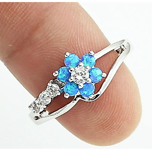 Pingyongchang Exquisite Round Cut White Fire Opal Stone Flower Women Opal Rings Diamond Zircon Female Jewelry Accessory Birthday Proposal Gift Bridal Engagement Party Band Ring-Blue Size 10