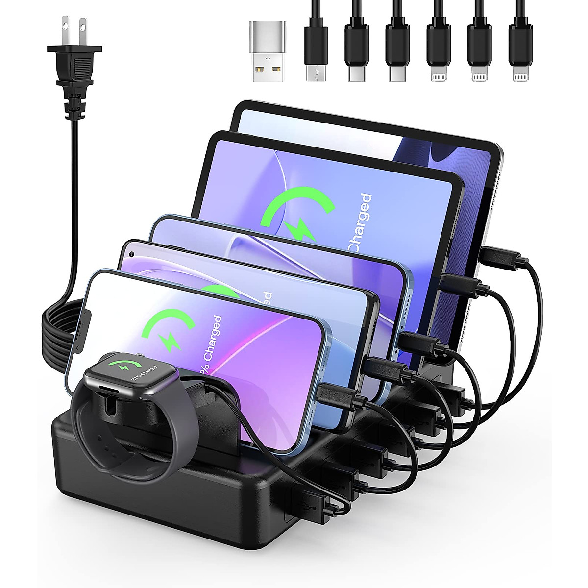 Charging Station for Multiple Devices, HSicily 6 Ports 50W Charger Station with 6 Cables Charging Dock Designed for Kindle iPhone iPad Cell Phones Tablets Apple Watch