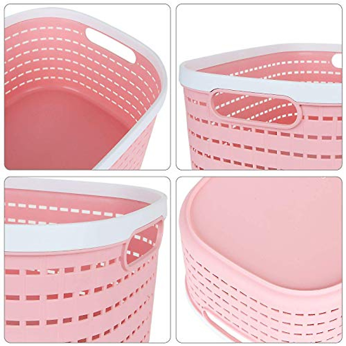 2 Pack Plastic Storage Basket Pink, Large Plastic Woven Basket with Portable Handle, Kitchen Pantry Refrigerator Desktop Storage Boxes for Cabinet Freezer Bathroom Closet, 15” x 10” x 6”