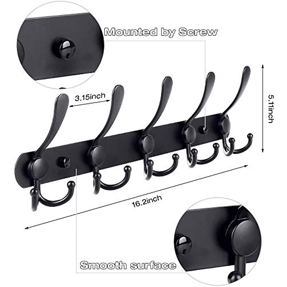 Efaithtek Coat Hanger Wall Mount ,Chrome Finish Coat Robe Hat Clothes Wall Mount Hook Hanger Towel Rack (2 Pack 15 Hooks (Black))