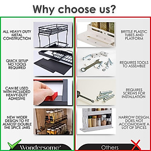 Wondersome Pull-Out Spice Rack Organizer for Cabinet Shelf - Matt Black - 2-Tier Kitchen Jars Organization and Storage Tray - EZ-Slide Rolling Drawer Wheels - Assembles in Moments - US-Based Brand