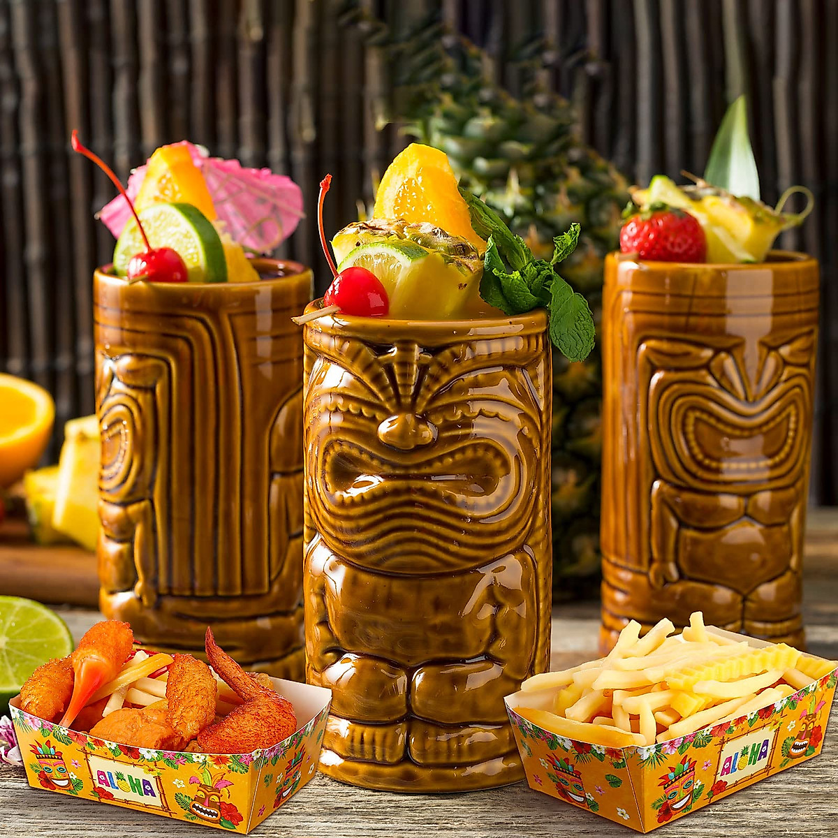 Blulu 50 Packs Hawaiian Party Decoration Tiki Disposable Paper Food Tray Aloha Nacho Tray Luau Paper Food Holder Boat Tropical Party Paperboard Tray Palm Leaf for Summer Beach Pool Party (Tiki)