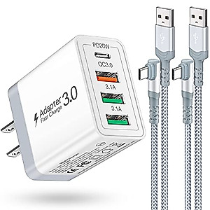 35W USB C Charger Block, 4-Port Upgraded USB Wall Charger USB-C Power Adapter with 2 Pack 10FT Right Angle USB C Cables Compatible for Samsung S22,Google Pixel 7,6,Tablet White