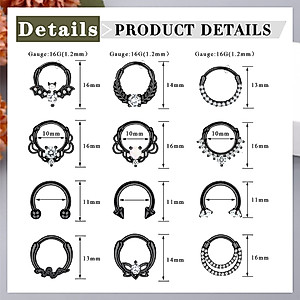 Besteel 12Pcs Septum Rings 16G Daith Earrings Nose Rings Hoop Stainless Steel CZ Opal Cartilage Helix Tragus Earrings Septum Clicker Piercing Jewelry Black