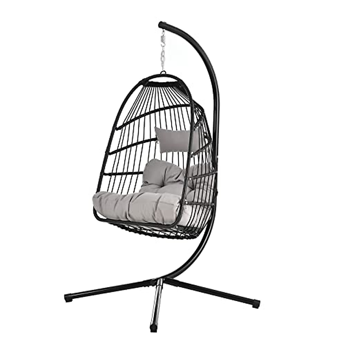 Patio Foldable Swing Chair with Cushion, PE Wicker Egg Hanging Chair w/Stand, Hammock Chair for Outdoor Balcony Indoor Bedroom (Black+Gray-2)