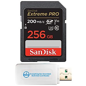 SanDisk 256GB SDXC Extreme Pro Memory Card Works with Canon Mirrorless Camera EOS R50, EOS R8 (SDSDXXY-256G-GN4IN) V30 4k Class 10 UHS-I Bundle with 1 Everything But Stromboli MicroSD & SD Card Reader