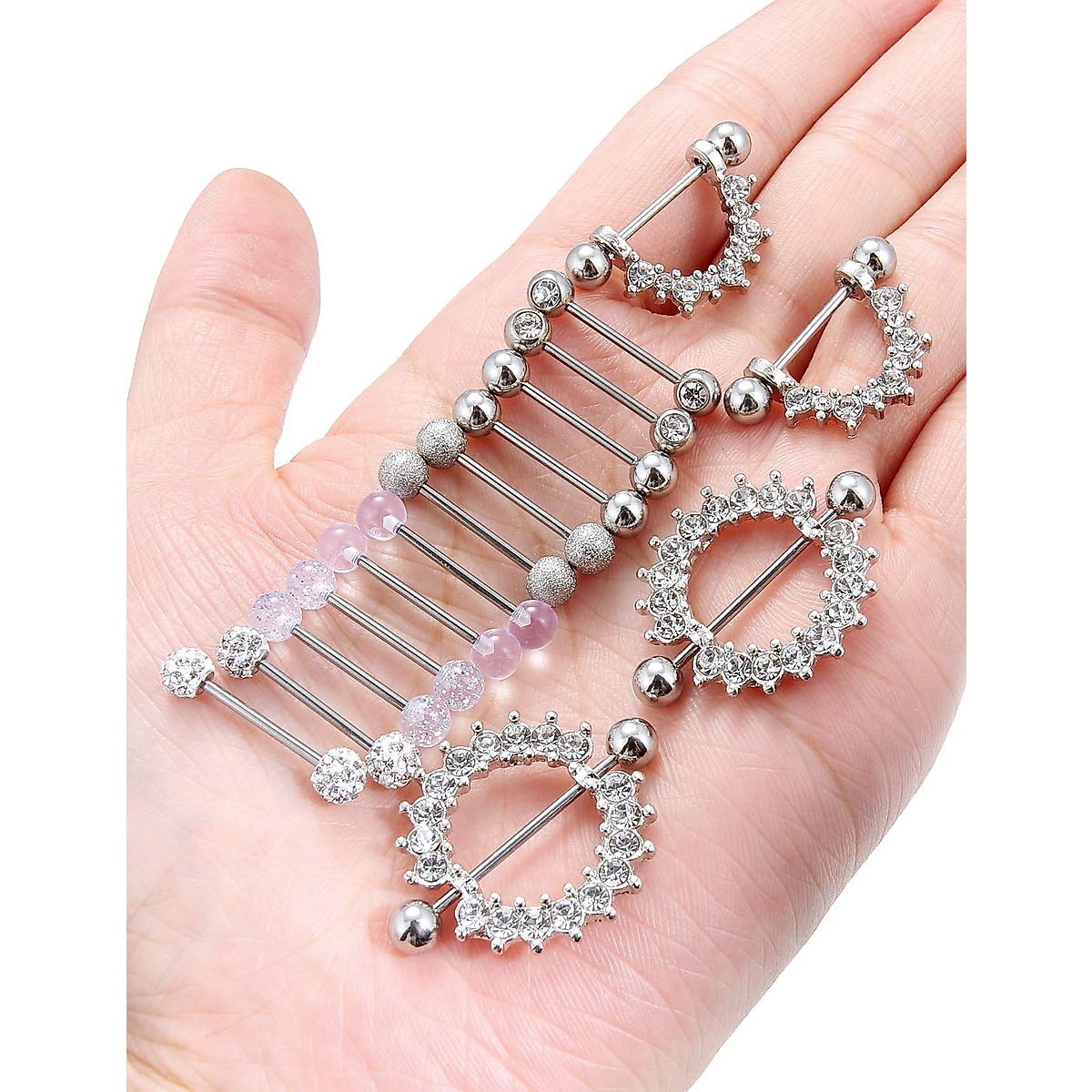 Prjndjw Silver-Tone, 16G, 9/16in(14mm) L, 8 Pairs 5mm Ball Surgical Steel Nipplerings Nipple Tongue Rings CZ Acrylic Barbell Body Piercing Jewelry