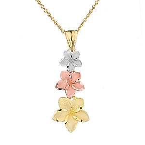 Elegant 14k Tri-Color Gold Hawaiian Plumeria Flowers Charm Pendant Necklace, 20"
