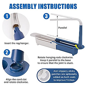 NiHome Telescopic Kitchen Sink Organizer with Towel Hanger and Expandable Drain Basket - Adjustable Length Multifunctional Caddy for Home and Bathroom Storage (Blue/White)