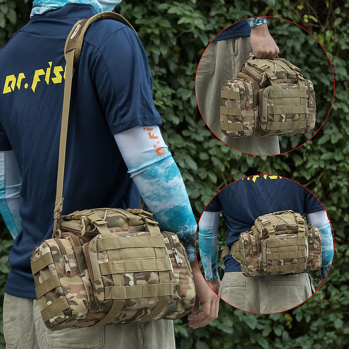 Dr.Fish Fishing Tackle Bag with 60 Fishing Lures Kit 5 Tackle Boxes and Tackles included Complete Freshwater Spinner Lures Set Bass Fishing Stocked Backpack Organizer Gear Equiment Tan Camo