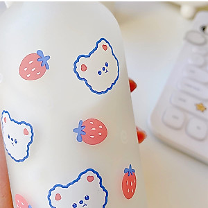 JHTPSLR Strawberry Bear Glass Water Bottle with Nipple Sippy 11oz Kawaii Water Bottle for Adults Sports Office Cute Frosted Borosilicate Drinking Bottle Portable Water Jug (B)