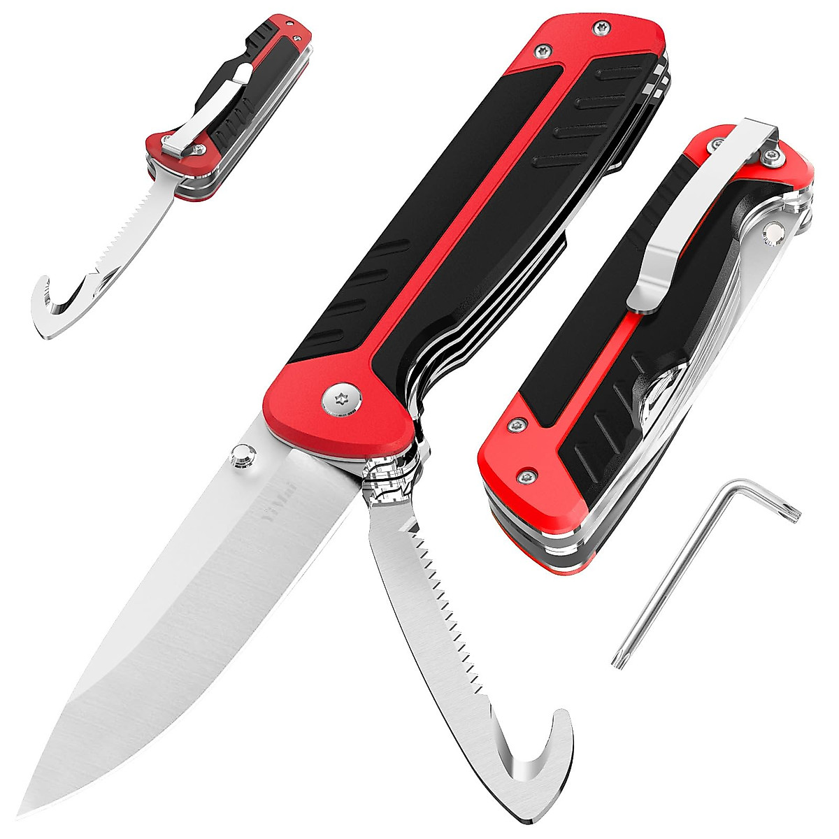 YiMai Pocket Knife, Multipurpose folding knife with Serrated Blade and Seatbelt Cutter - Work Camping Survival Hiking Gardens Trimming Pocket Knives (Hei&Hong)