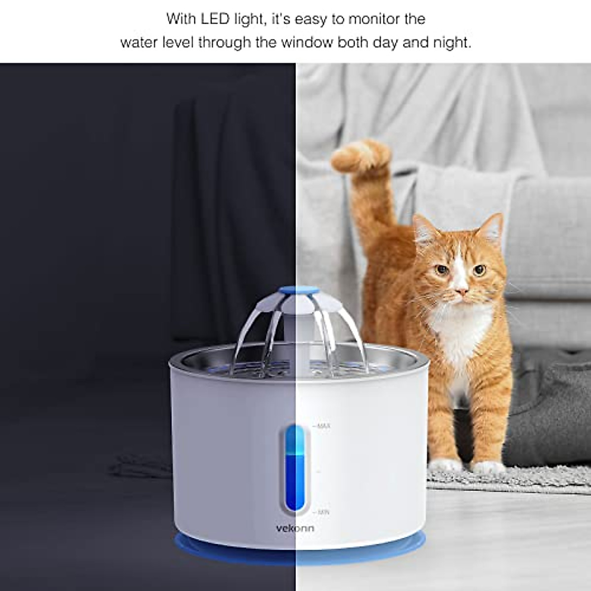 Vekonn Cat Water Fountain Stainless Steel Top, Pet Water Fountain for Small Dog and Cat with LED Light and Water Level Window (Blue)
