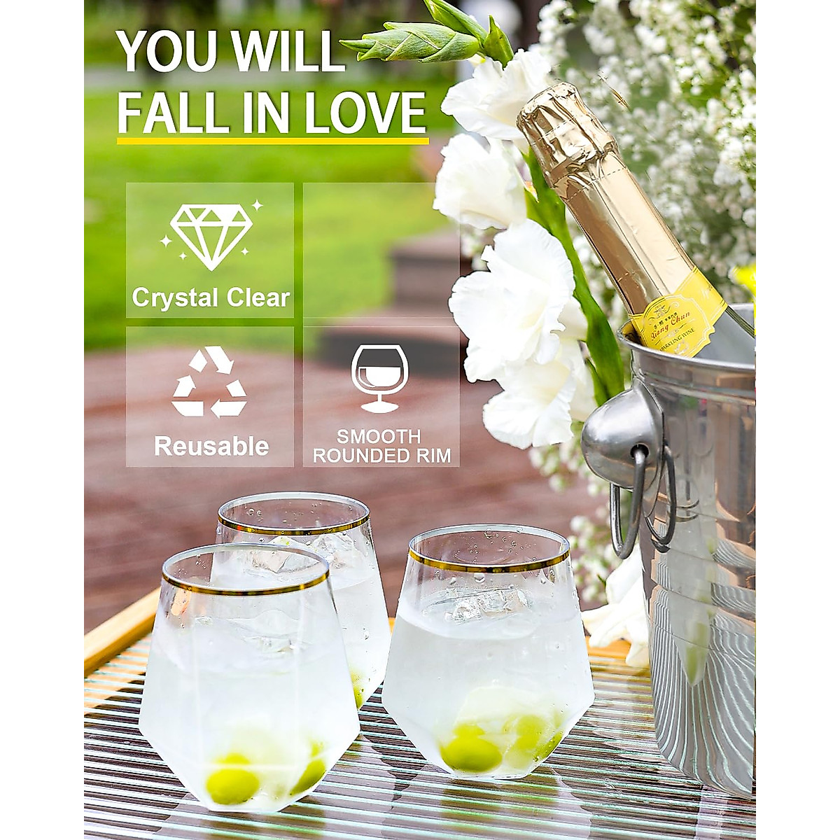 Maaacute 40 Pcak Plastic Stemless Wine cocktail Whiskey Champagne Glasses, 12 Oz Gold Rim Disposable Clear Unbreakable Cups for Party Bars Wedding Tasting (Diamond-shaped)