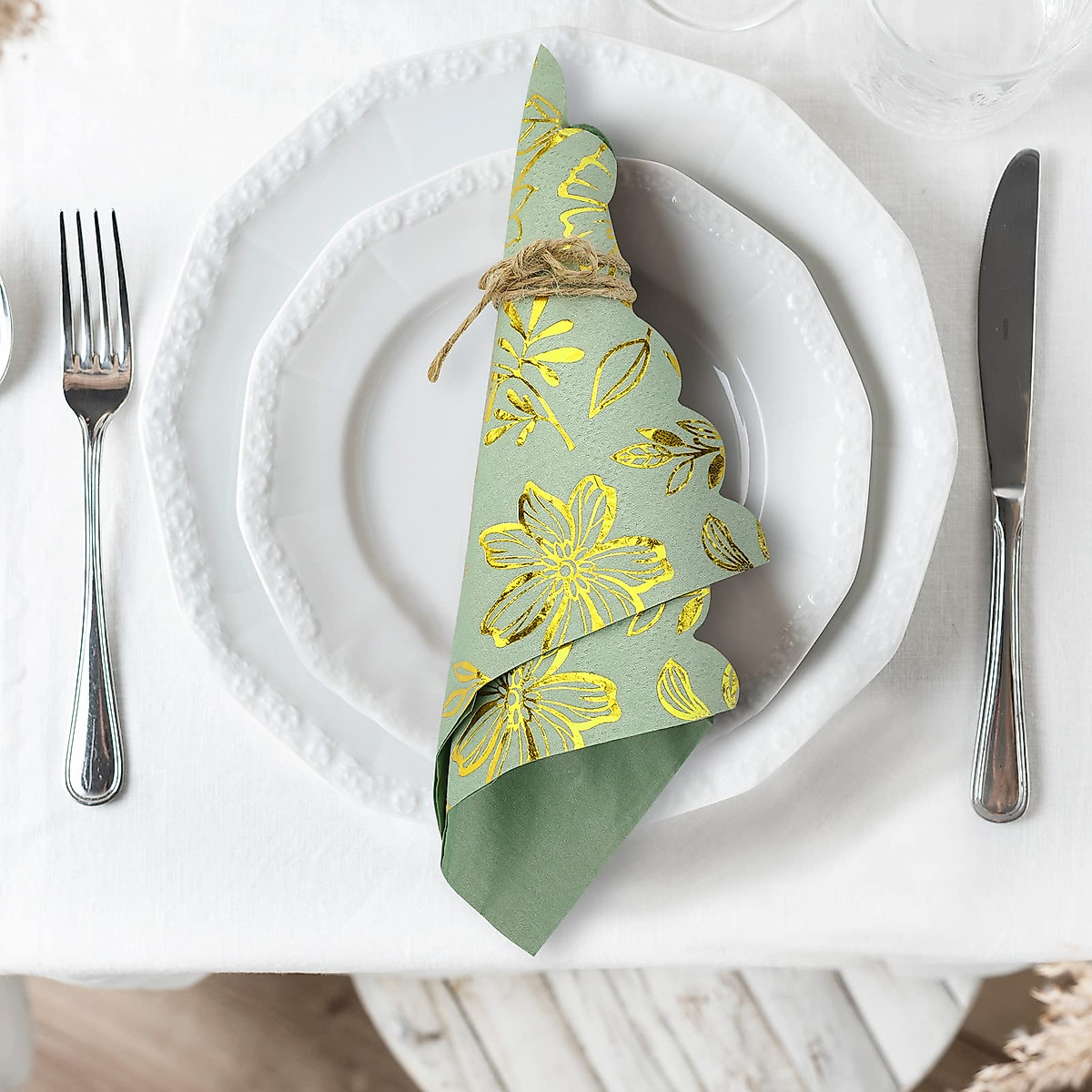 100 Pieces 2 Ply Sage Green Napkins Disposable Gold Foil Floral Paper Napkins Cocktail Napkins Scalloped Napkin for Dinner Wedding Bridal Shower Birthday Party Supplies Decoration, 5 x 5 Inch