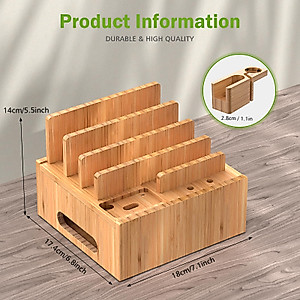 Pezin & Hulin Bamboo Multiple USB Charging Station for Phones and Tablets, All-in-one Organizer Dock for Watch, Earbuds - with 6 Cables, 5 Ports Hub Charger