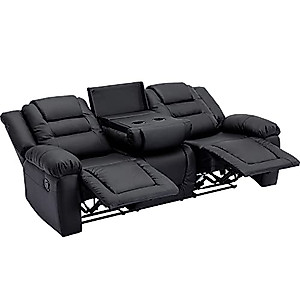 ERYE Faux Leather Manual Motion 3 Seaters Sectional Sofa Couch with 2 Cup Holders and Two Recliner Chaise, PU Wall Hugger Sofa & Couch for Home Office Theater Apartment RV Living Room Furniture Sets