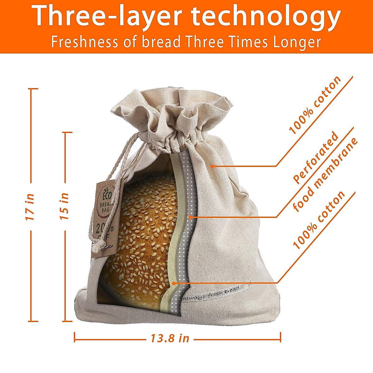Goodleks Three-Layer Cotton Bread Bag, Reusable Bread Bags for Homemade Bread Large, Natural Organic Canvas Bread Storage Bags