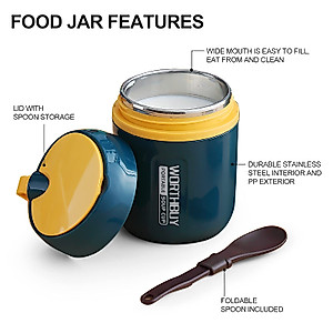 WORTHBUY Leak Proof Thermal Insulated Food Jar with Foldable Spoon, Lunch Containers Soup Cup for Kids and Adult, 16oz Capacity - Blue