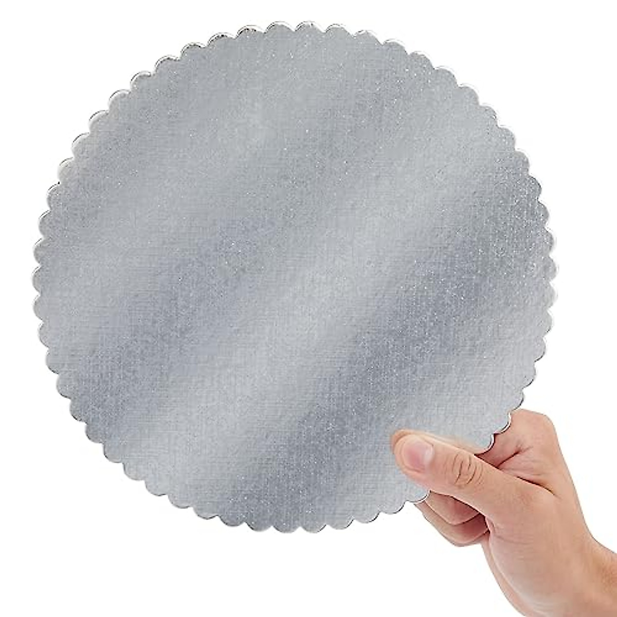 12 Pack 10 Inch Cake Board Base, Cardboard Scalloped Platters for Bakeries, Desserts (Silver)
