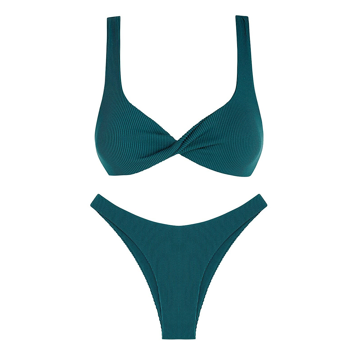 ZAFUL Ribbed Twisted Front Bikini Set for Women Cute Scoop Neck Textured Two Piece Swimsuits Sport Tank Bathing Suit(Deep Green,M)