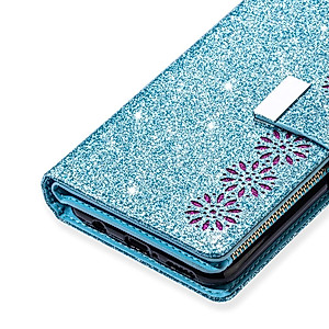 BOYUHII Silicone Protective Case for Phone for Samsung Galaxy A40 Multi-Card Slots Starry Sky Laser Carving Glitter Zipper Horizontal Flip Leather Case with Holder & Wallet & Lanyard ATCYE