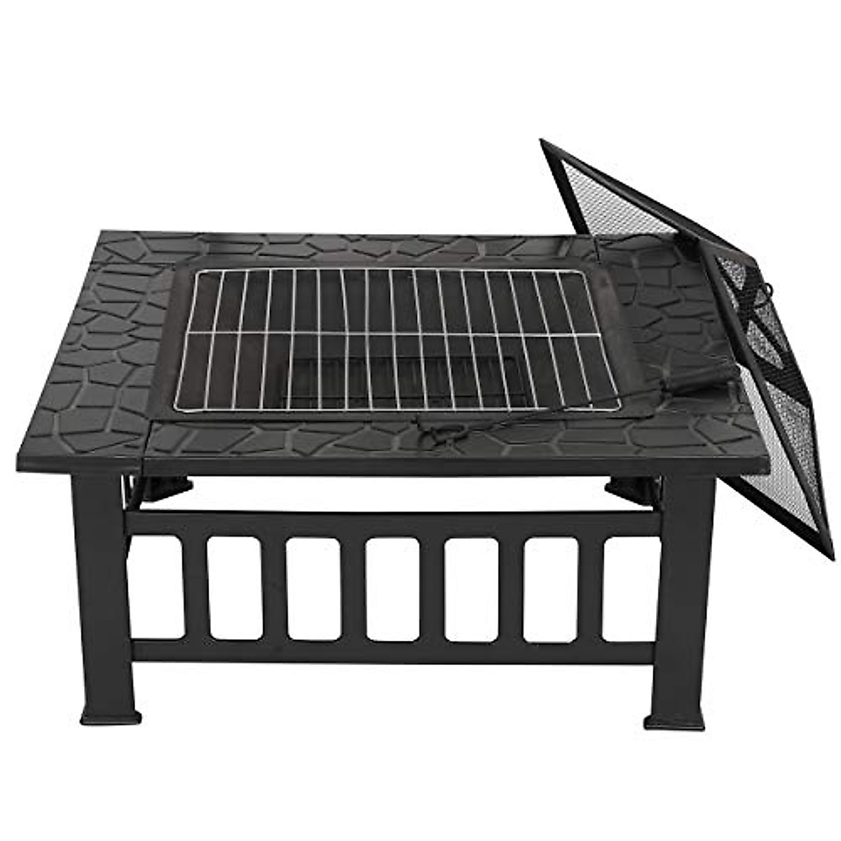 ZenStyle 32” Heavy Duty Square Fire Pit Outdoor Metal Firepit Wood Burning Fireplace w/Waterproof Dust Cover Patio Backyard Garden Stove Faux-Stone Finish