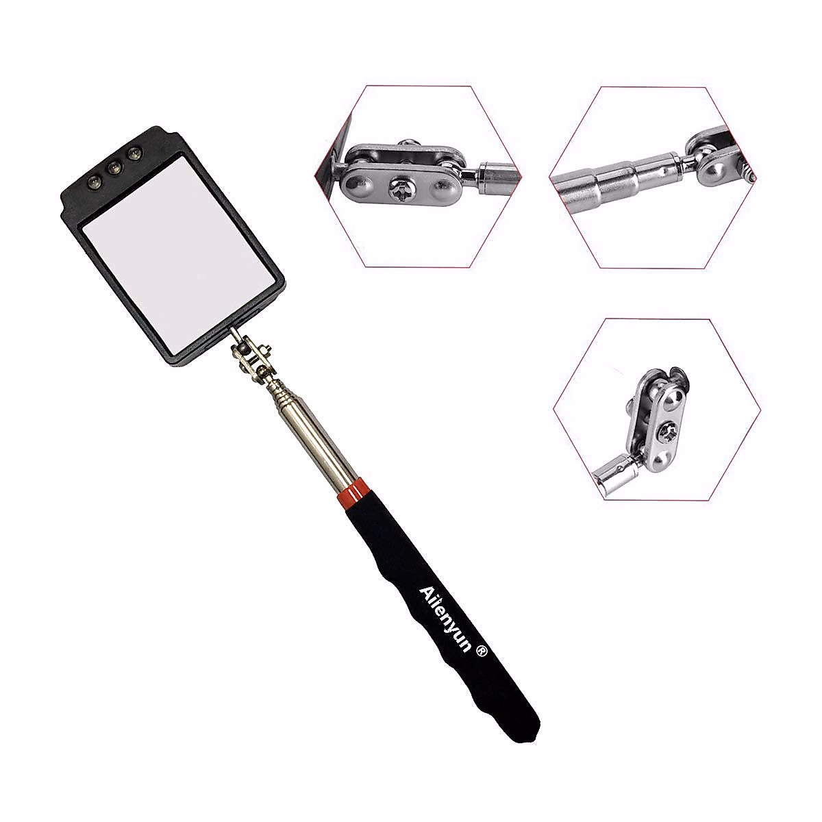 Telescopic Inspection Mirror with LED, Machine Inspection Mirror 360° Rotation, Convenient for car maintenancetmachine Inspection Flexible Diabetic Mirror for feet