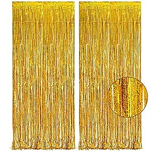 Gold Fringe Curtain Tinsel Backdrop - GREATRIL Foil Fringe Curtain Party Decor Streamers for Birthday Christmas New Year Graduation Theme Party Decorations Pack of 2