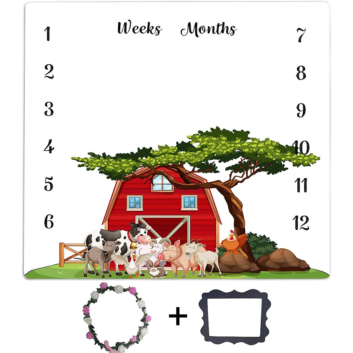LUCKBTY Farm Animals Baby Monthly Milestone Blankets Soft Forest Red House Memory Blankets Girls Boys Cute Cartoon Photo Background Blankets 48"x48" BTZDLU122