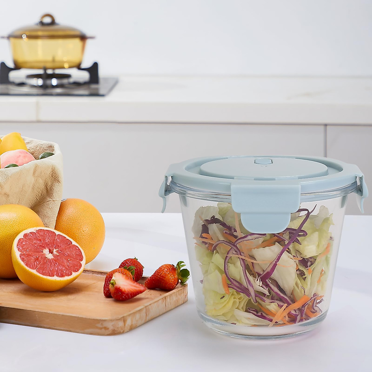 4 Pack Glass Meal Prep Containers with Airtight Lids, Leak-proof Round Storage Containers Set, Reusable Glass Soup Containers Overnight Oats Containers for Leftover, Soup, Fruit